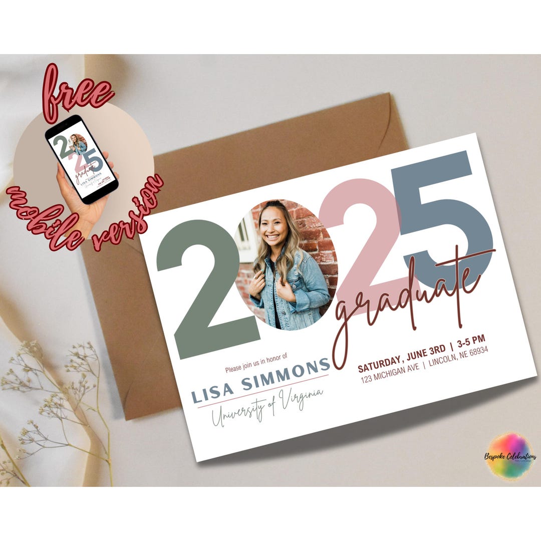 Editable Class of 2025 Grad Invite | 5x7 Printable & FREE Mobile ...