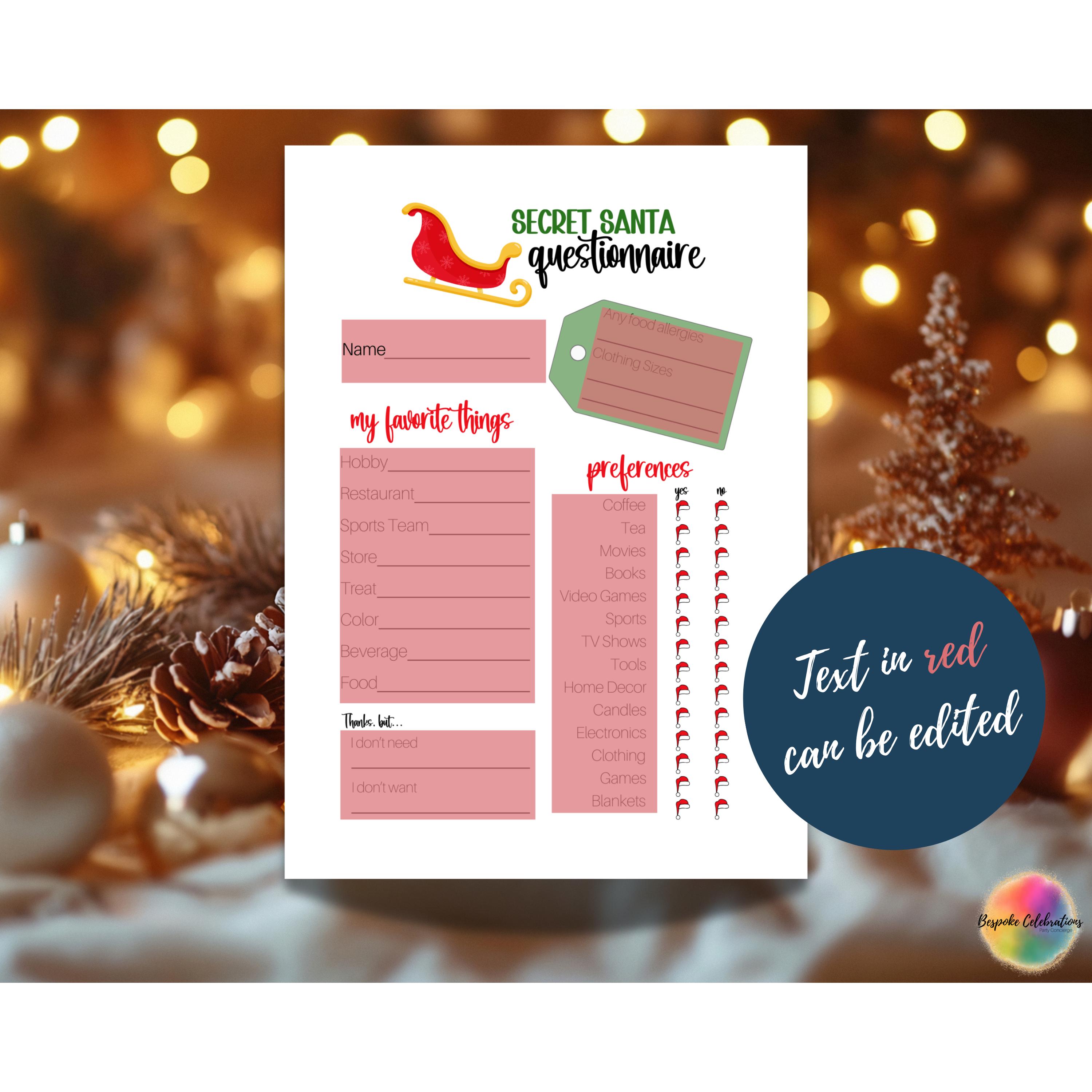 Fun & Festive Secret Santa Questionnaire | Editable PDF for Xmas Gift ...