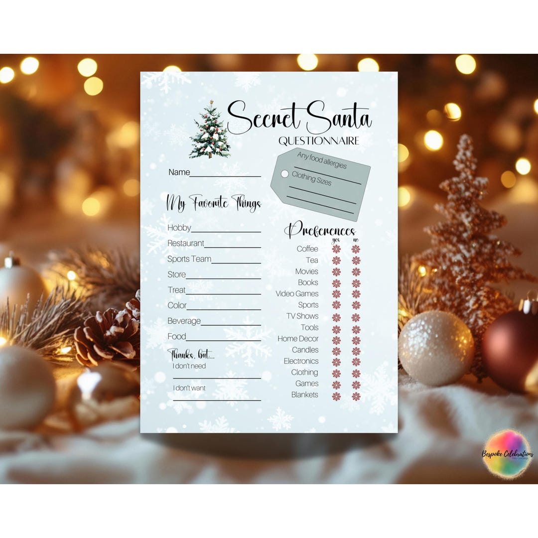 Festive Holiday Secret Santa Questionnaire With Christmas Tree Design ...
