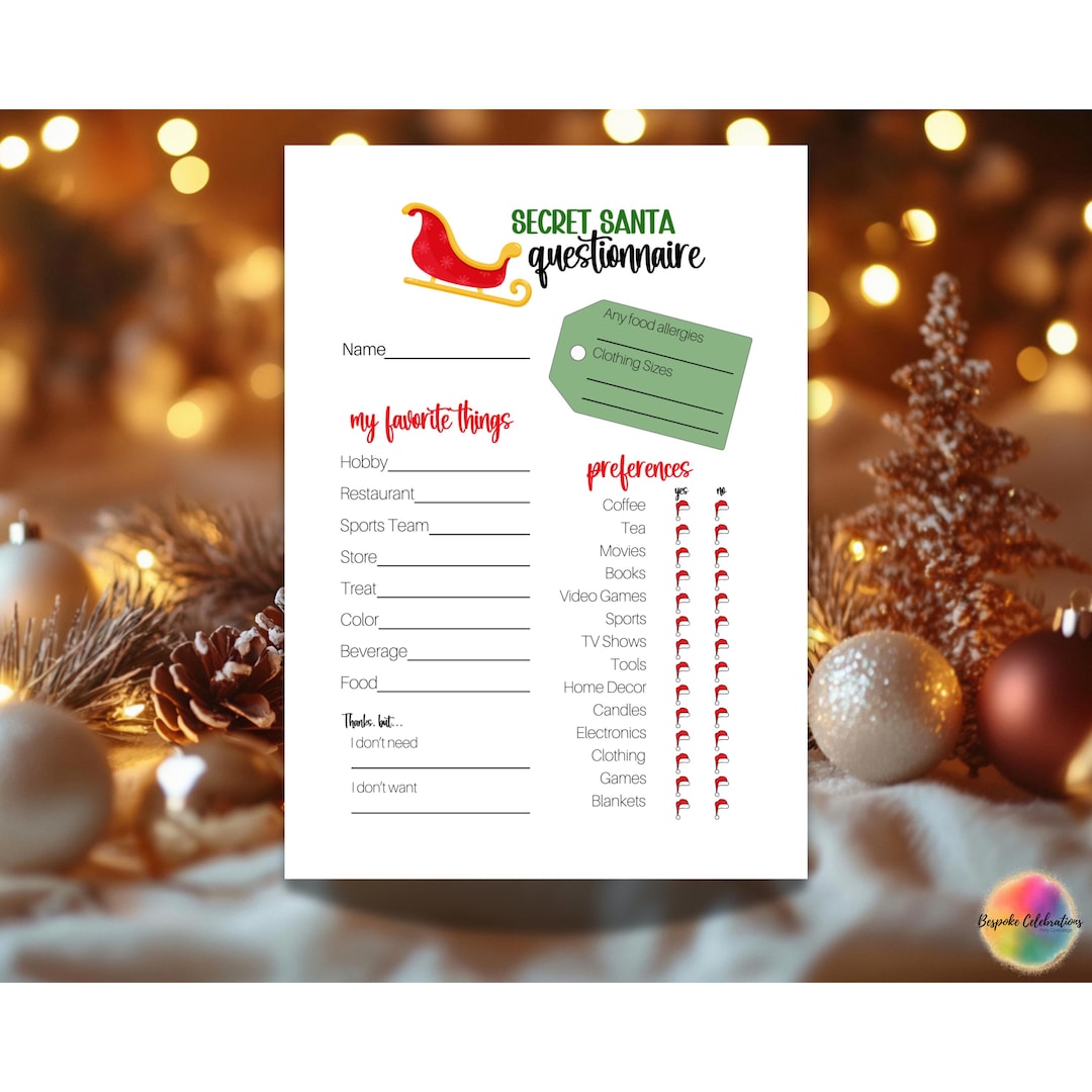 Fun & Festive Secret Santa Questionnaire | Editable PDF for Xmas Gift ...