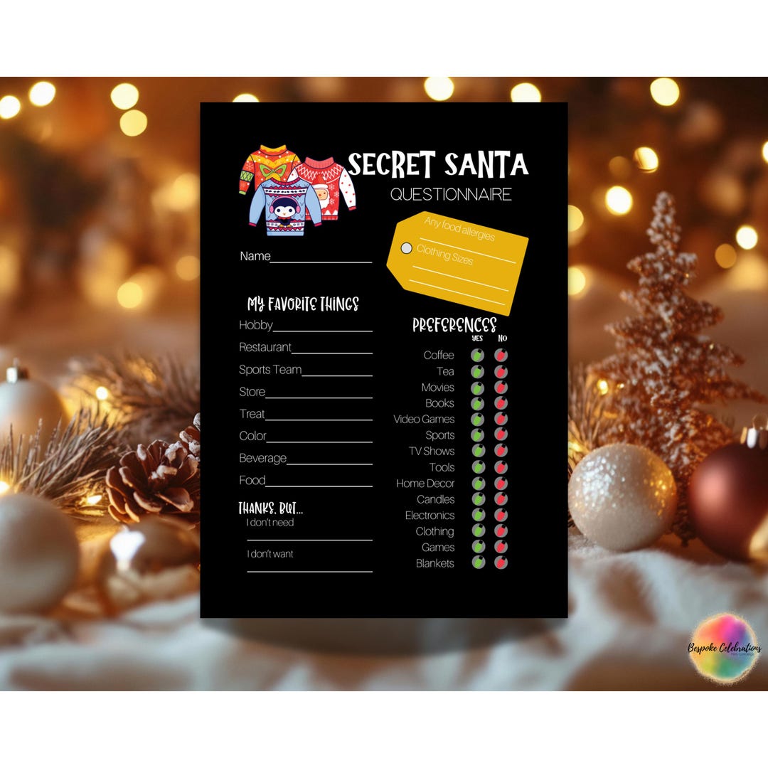 Secret Santa Questionnaire | Fun & Festive Gift Exchange Printable ...