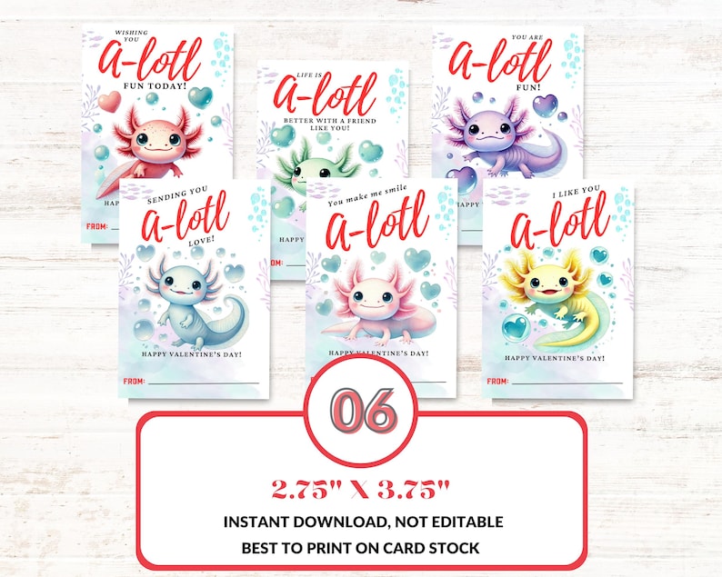 Axolotl Valentine's Day Cards for Kids, Printable Alotl Gift Tag for ...