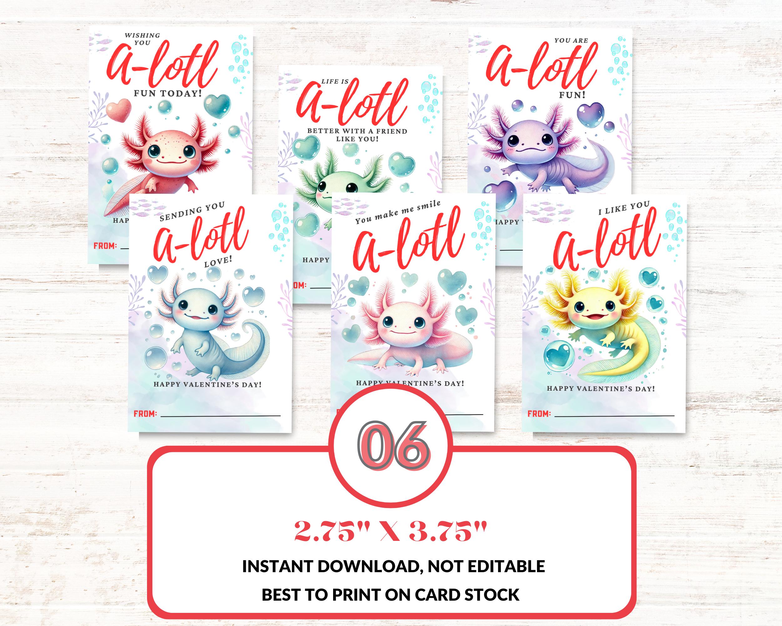 Axolotl Valentine's Day Cards for Kids, Printable Alotl Gift Tag for ...