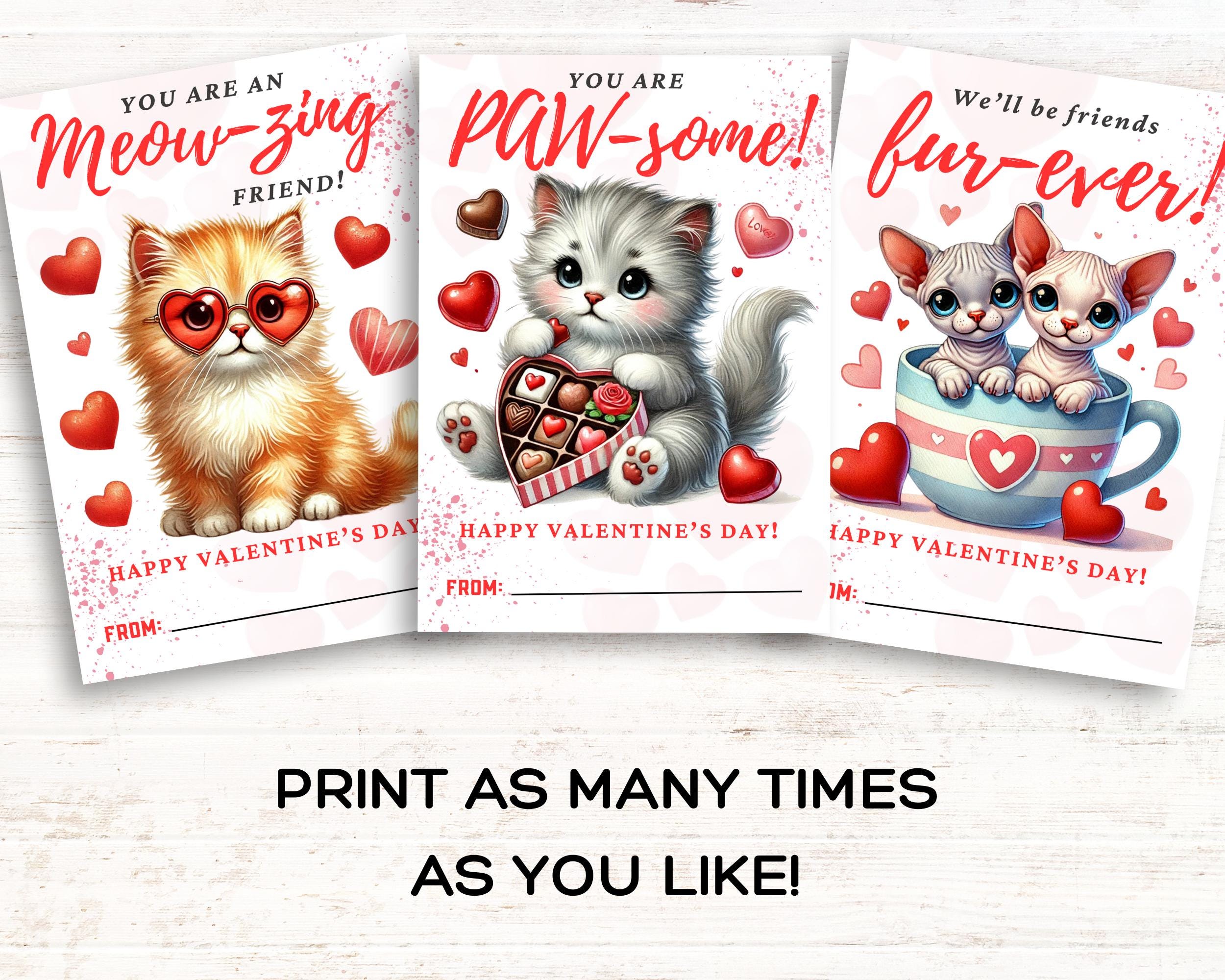 Printable Cat Valentine's Day Cards, Classroom Valentine's Day Cards ...