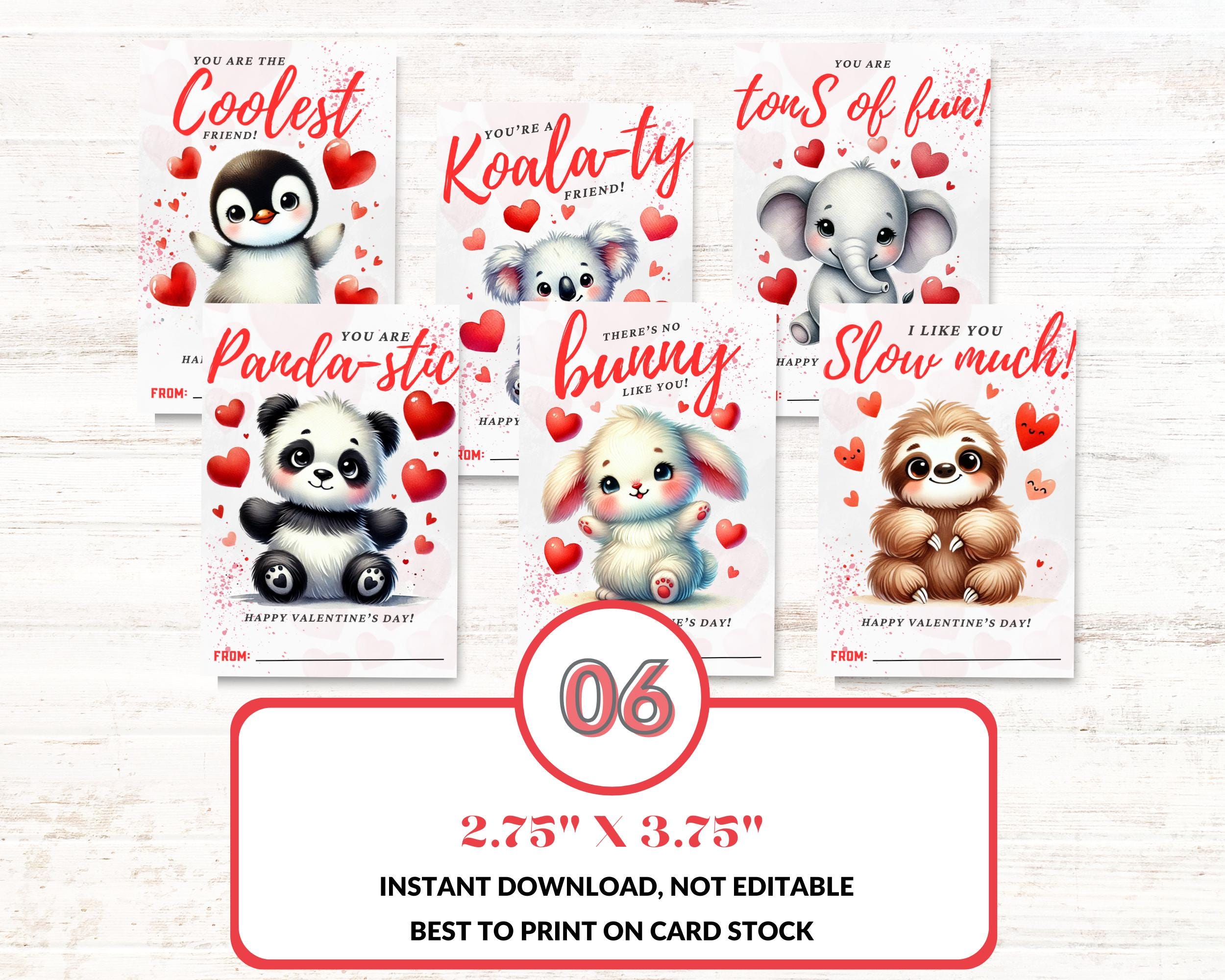 Printable Cute Animals Valentines Card for Kids, Animals Valentines Day ...