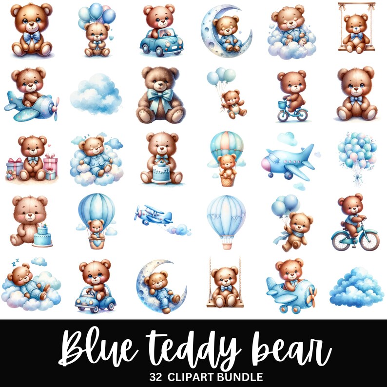Watercolor Teddy Bear Clipart, Blue Baby Shower Teddy Bear PNG, Blue ...
