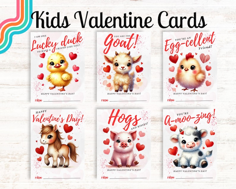 Printable Farm Animals Valentine's Day Cards, Kids Farm Valentine Tag ...