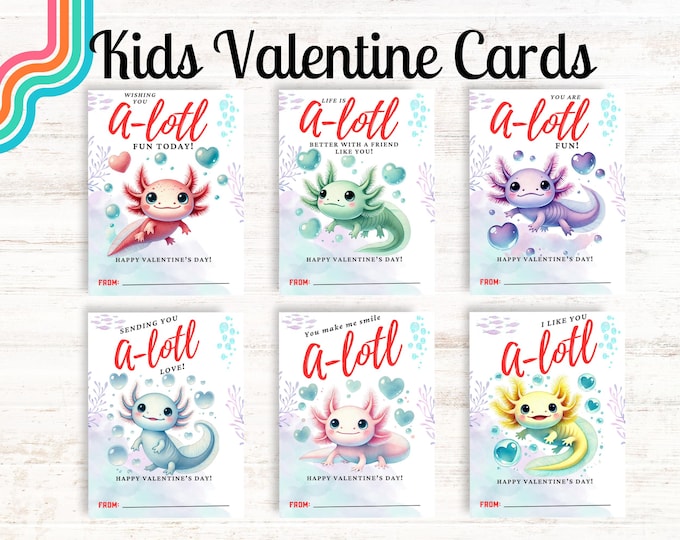 Axolotl Valentine Cards, 6 Different Cards, Amphibian Themed School ...