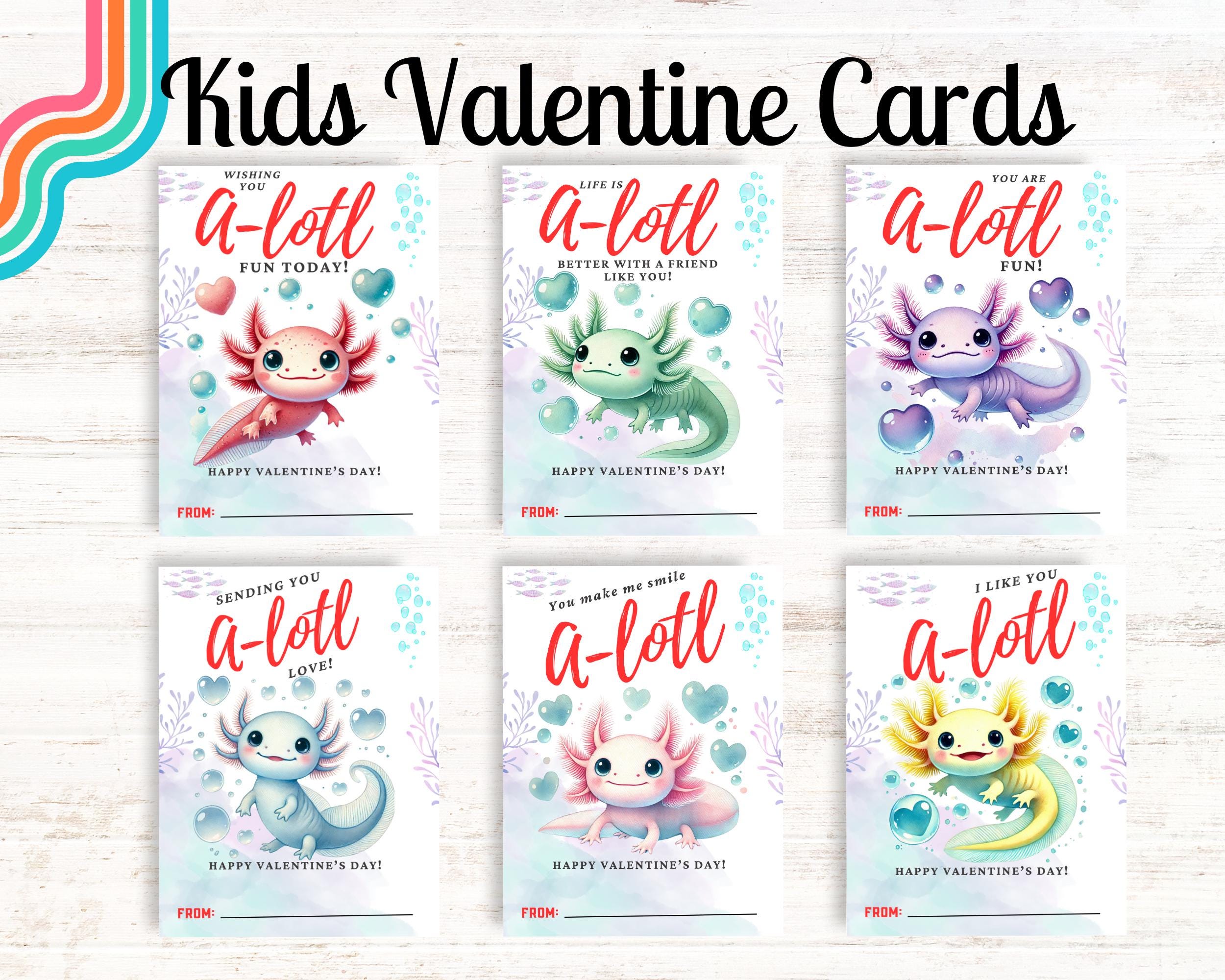 Axolotl Valentine's Day Cards for Kids, Printable Alotl Gift Tag for ...