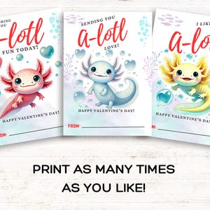 Axolotl Valentine's Day Cards for Kids, Printable Alotl Gift Tag for ...