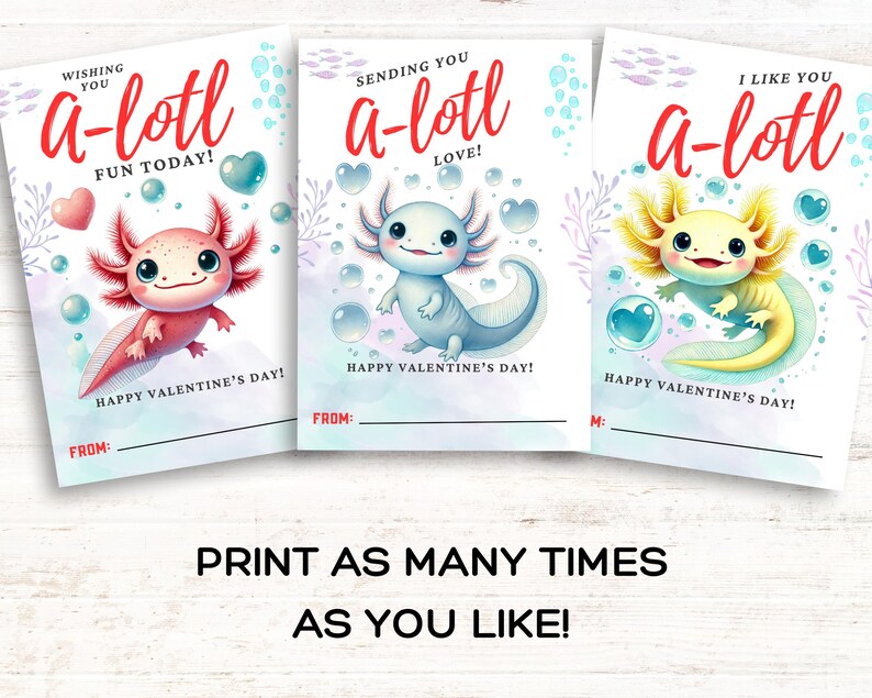 Axolotl Valentine's Day Cards for Kids, Printable Alotl Gift Tag for ...
