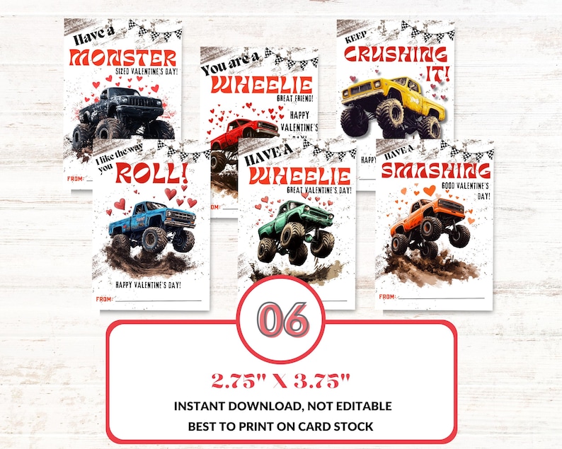Printable Monster Truck Valentines Day Cards, Classroom Valentines Day ...