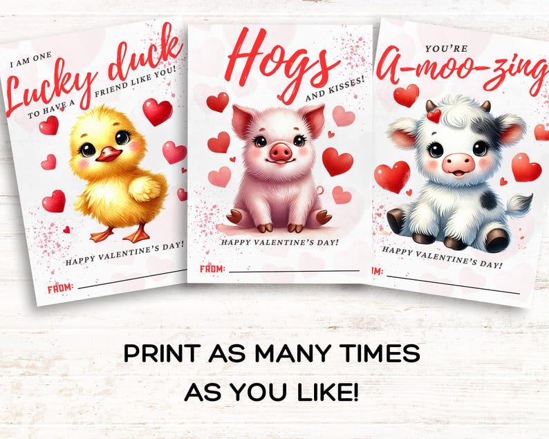 Printable Farm Animals Valentine's Day Cards, Kids Farm Valentine Tag ...