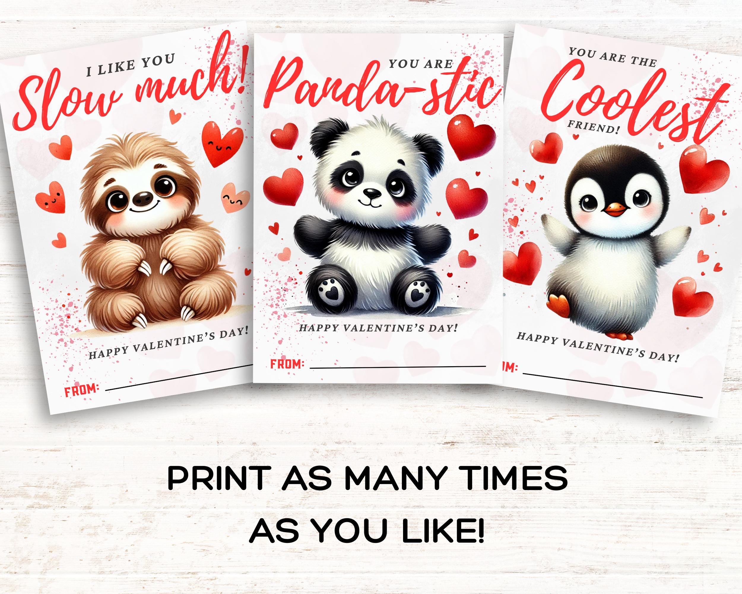 Printable Cute Animals Valentines Card for Kids, Animals Valentines Day ...