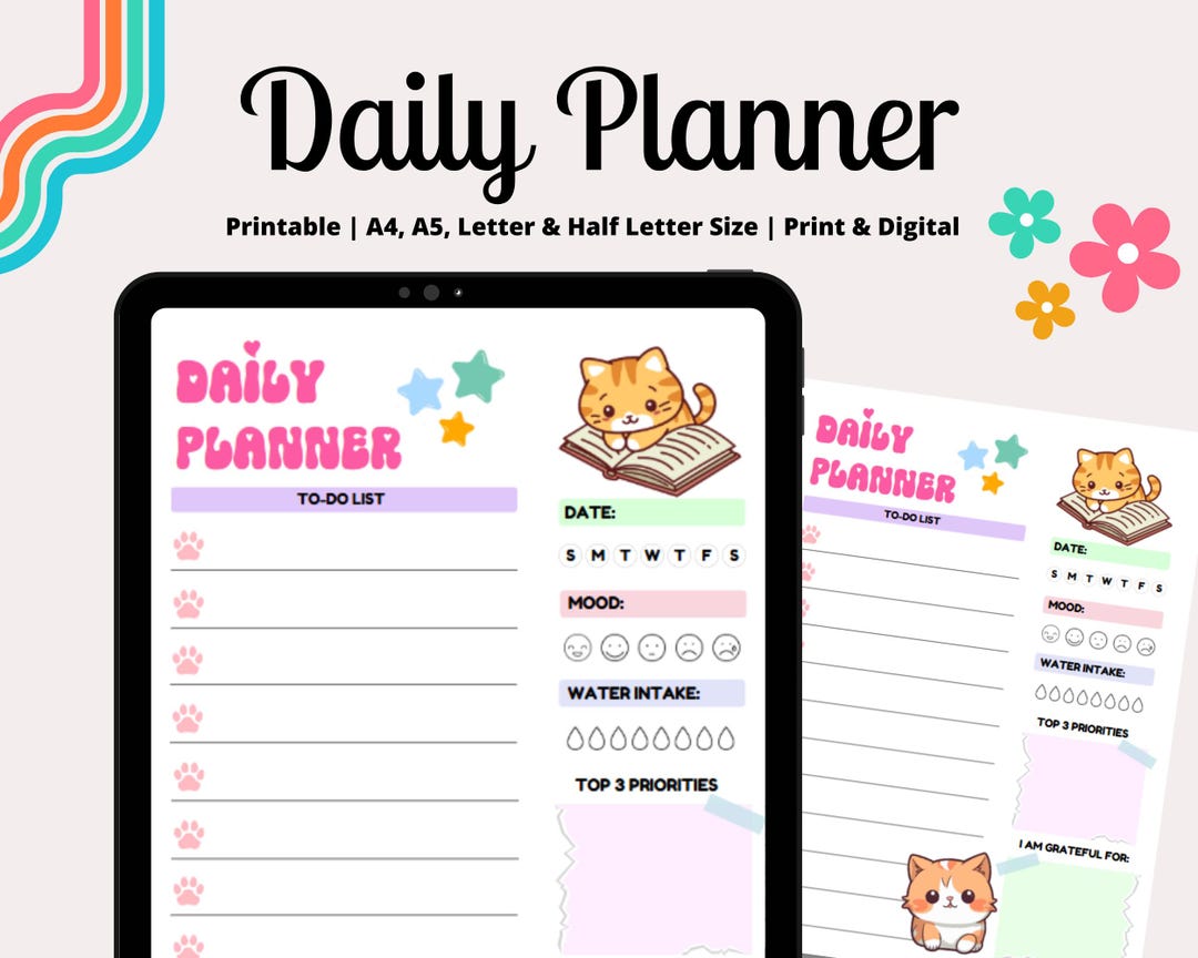 Cute Cats Daily Planner, Pastel Colors Kawaii Planner Template, Pastel ...