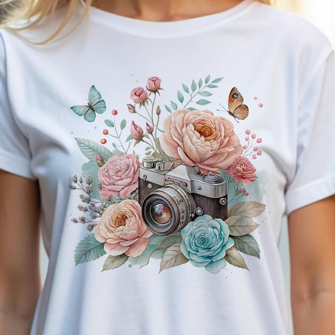 Vintage Retro Wildflowers Camera PNG, Soft Pink and Teal Boho Design ...