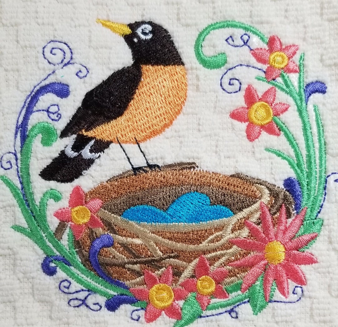 Robin Towel - Spring Towel - Bird Towel - Embroidered Towel - Hand ...