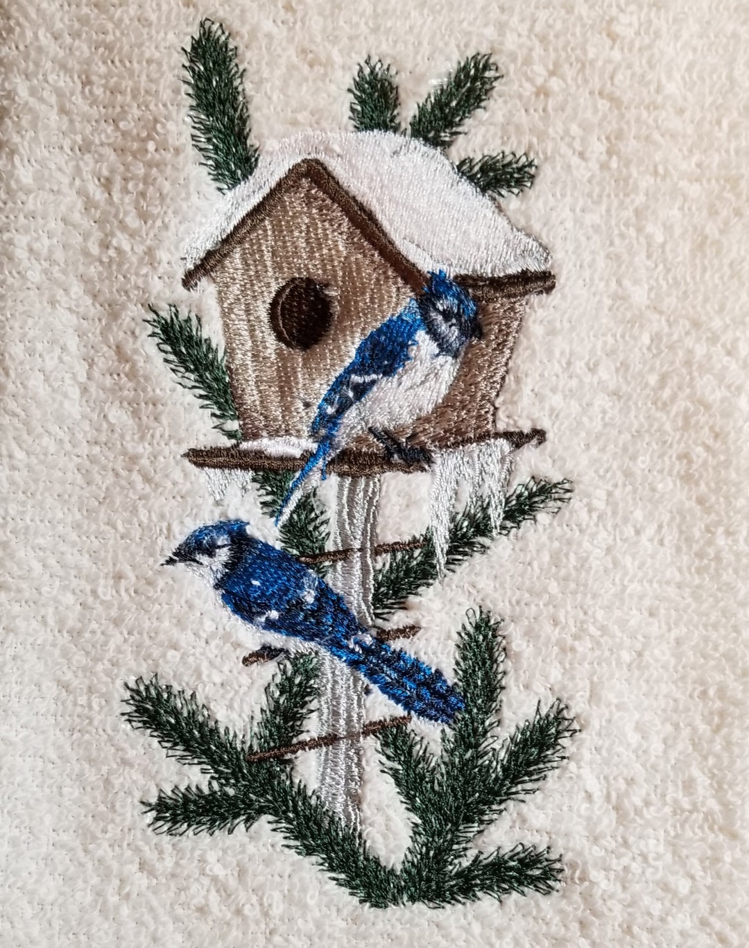Embroidered Blue Jay Winter Birdhouse Towel - Etsy
