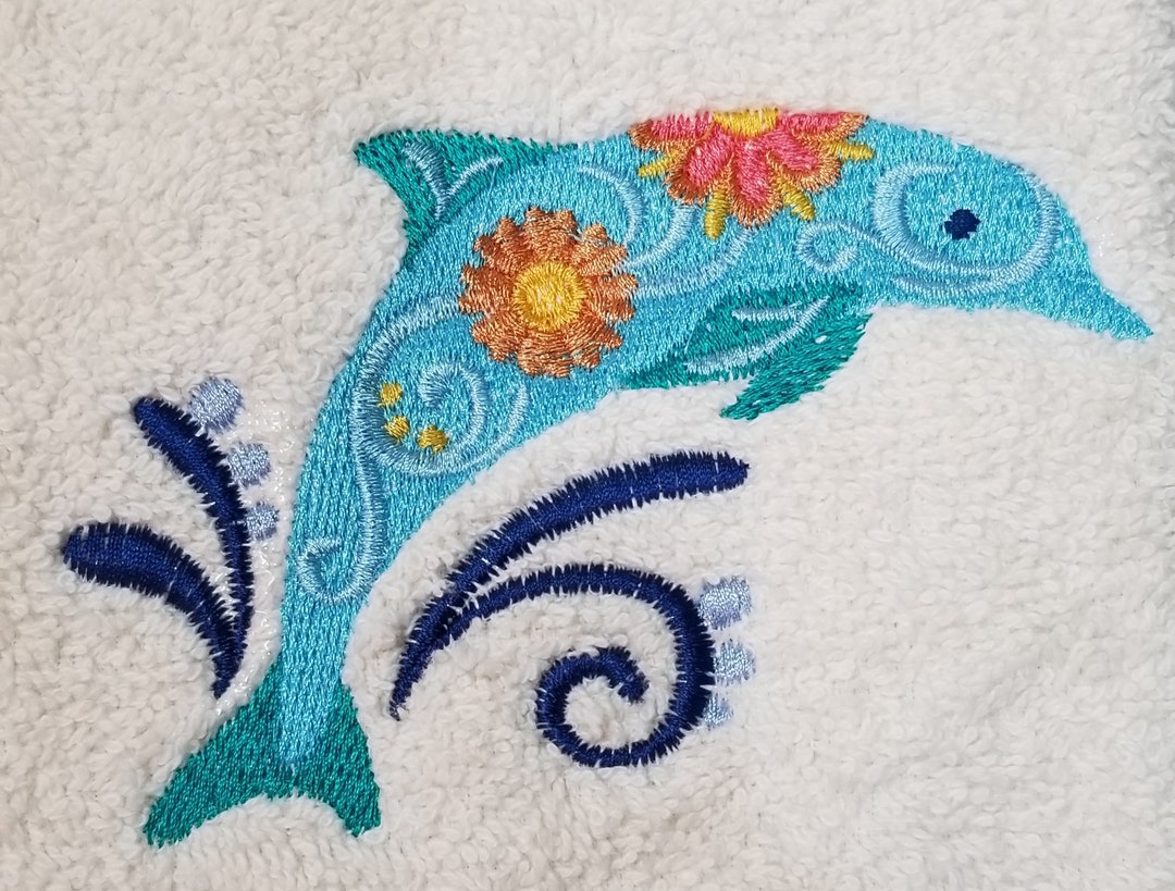 Embroidered Dolphin Towel - Flower Power Dolphin -embroidered Hand ...