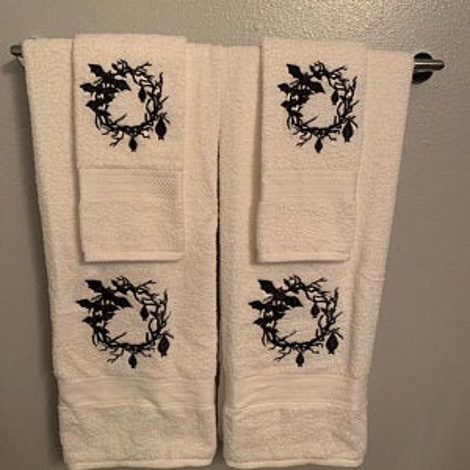 Embroidered Bat Towel - Halloween Towel - Bat Wreath Towel - Bath Towel ...