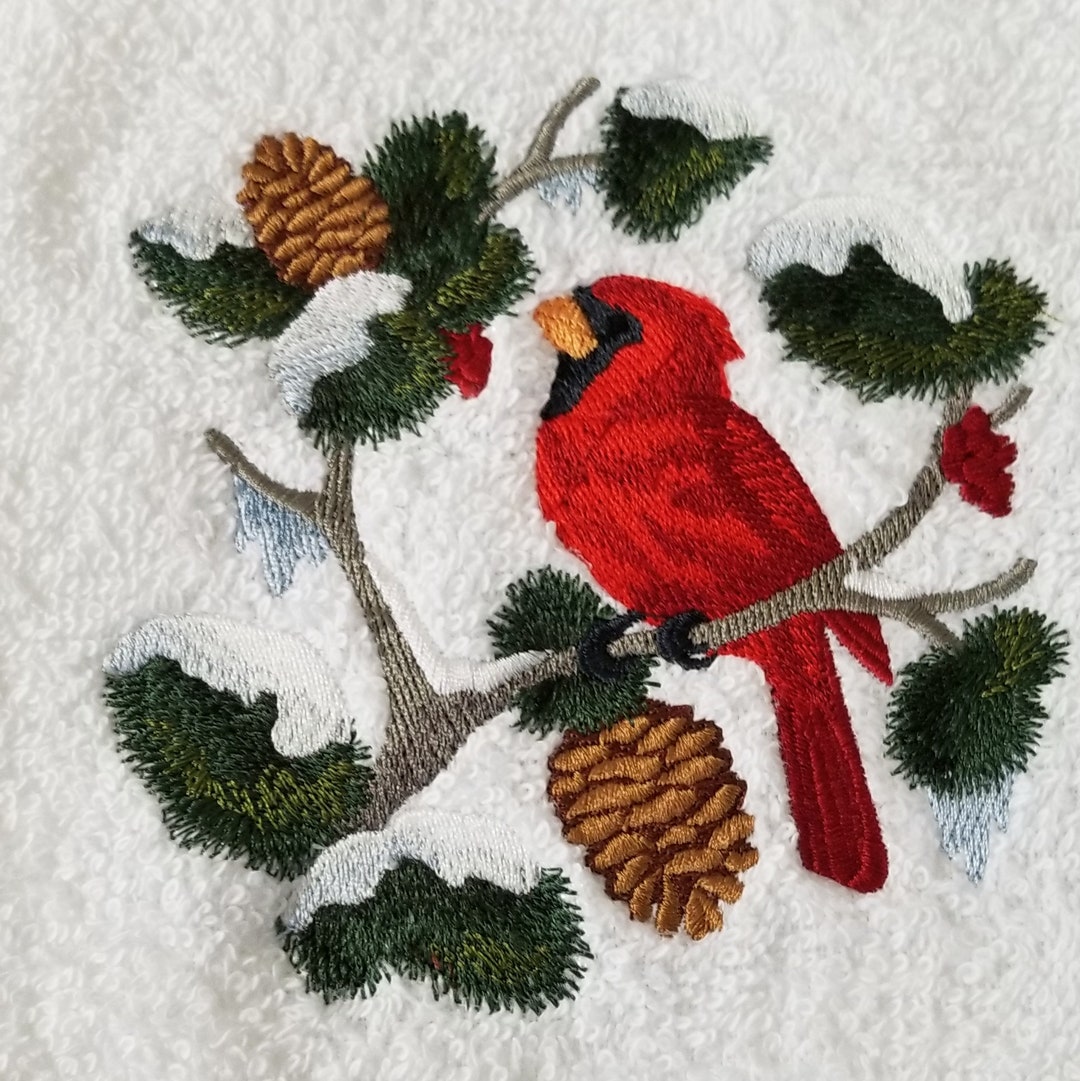 Embroidered Cardinal Towel: Christmas Bird, Boughs & Berries - Etsy