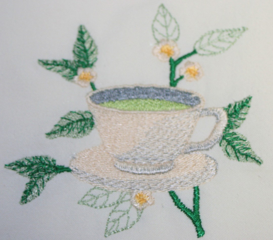 Embroidered Green Tea Cup Towel: Kitchen Waffle Weave - Etsy