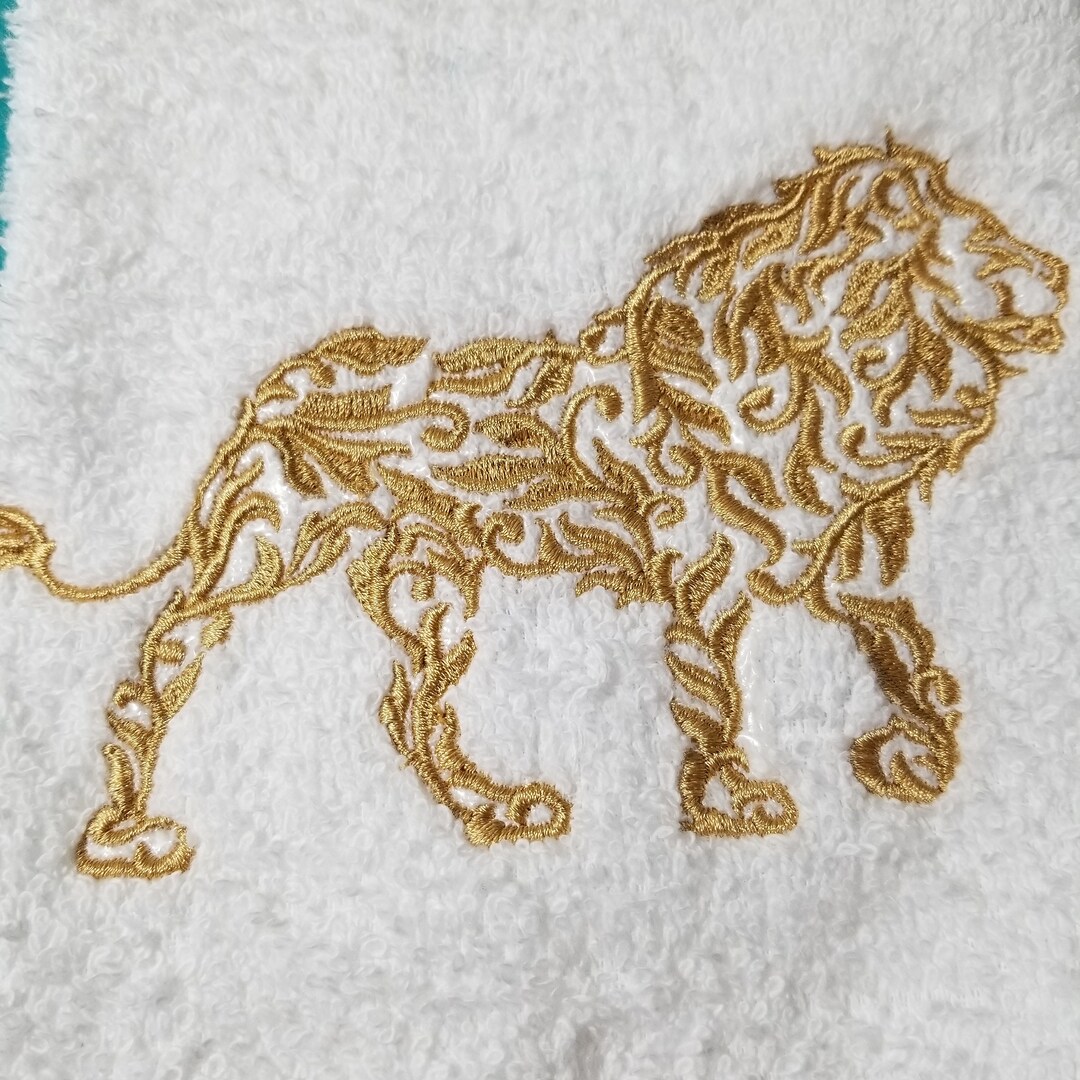 Embroidered Lion Towel: Damask African Animal Decor - Etsy