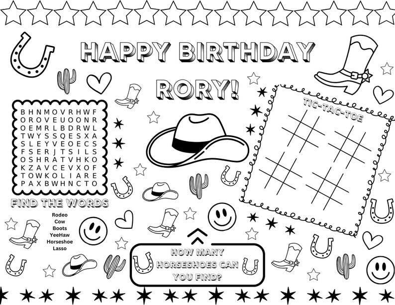 Editable Rodeo Activity & Coloring Page, Birthday Party Placemat ...