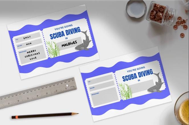 Scuba Diving Ticket With Whale Shark | Editable Printable Gift Card ...