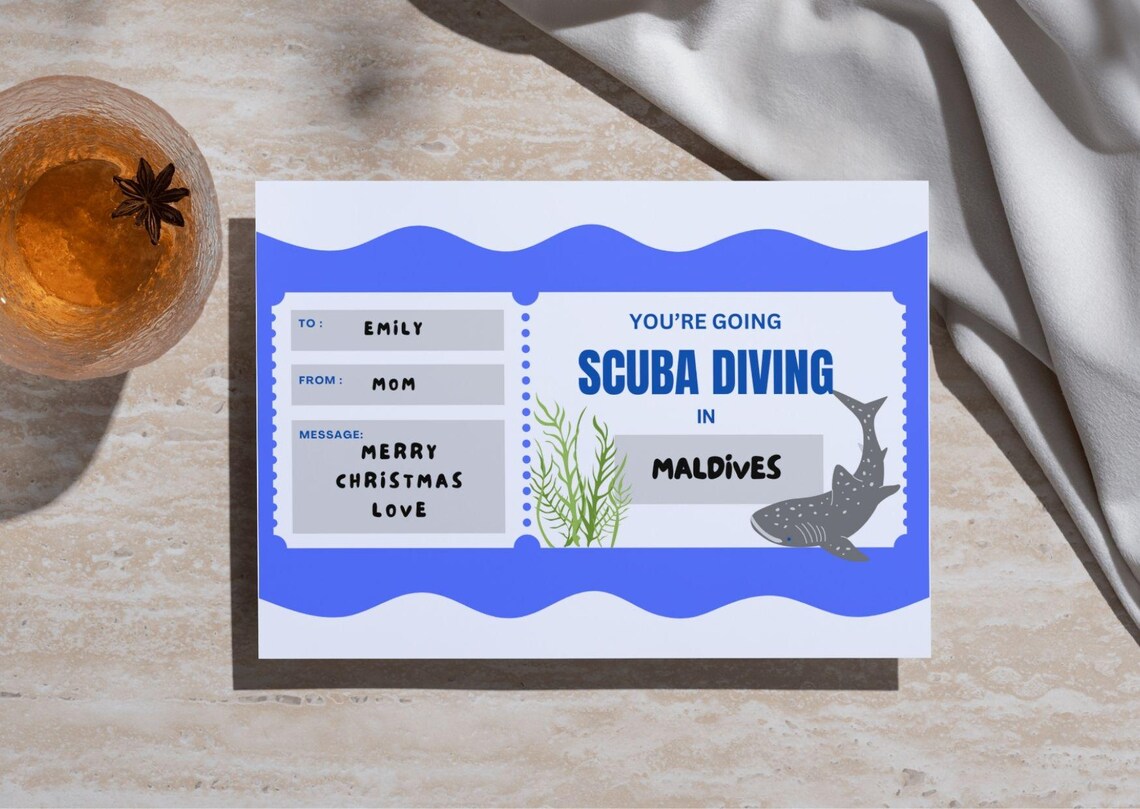 Scuba Diving Ticket With Whale Shark | Editable Printable Gift Card ...