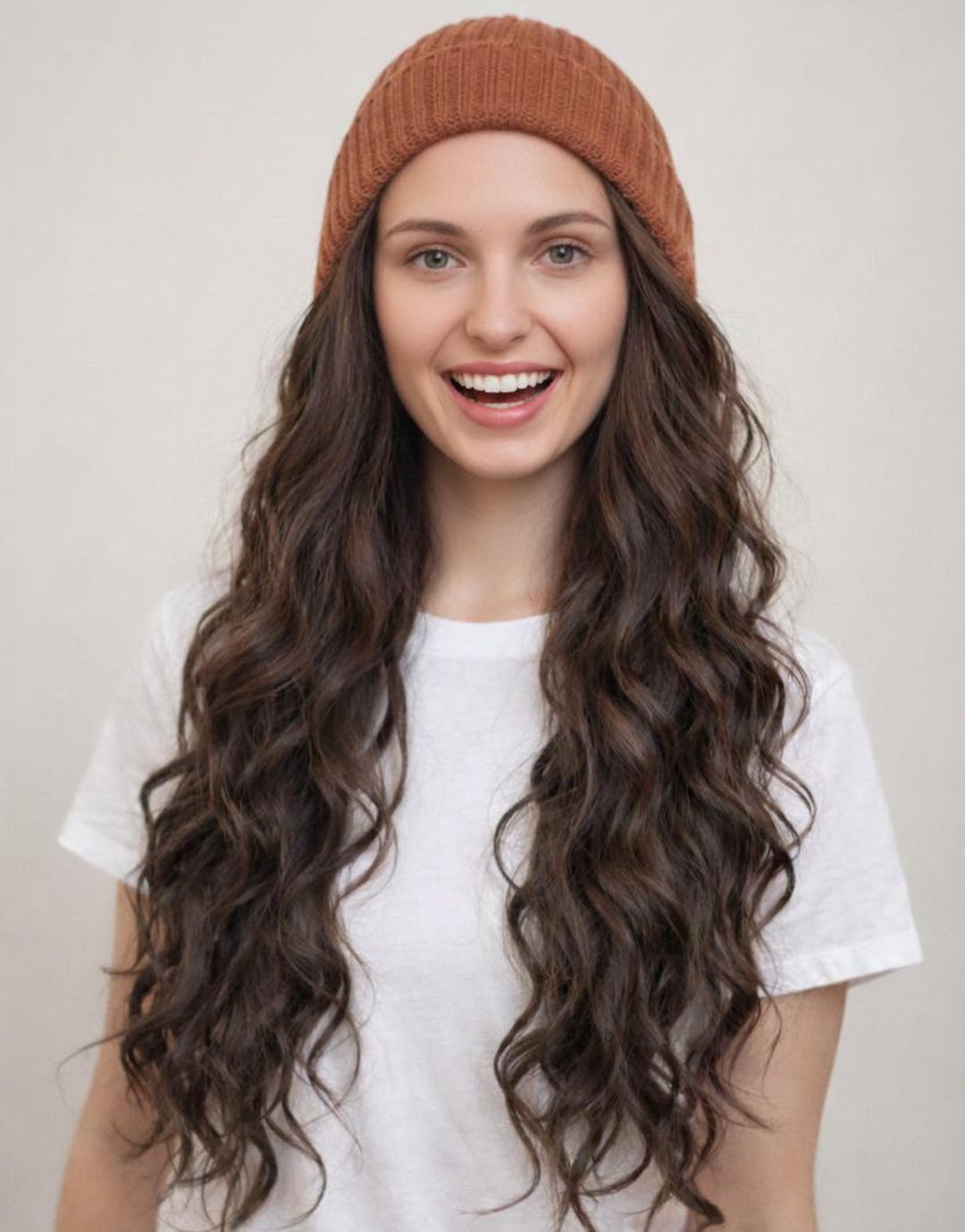 Chestnut Brown Wavy Wig Hat for Women – Knit Beanie With Long Natural ...