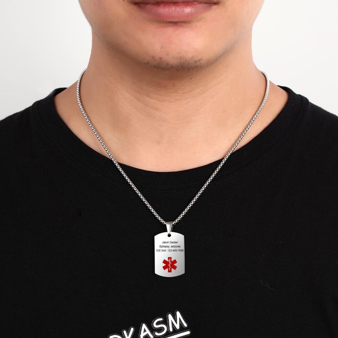 Custom Medical Alert Necklace for Men, Stainless Steel Engraved Medical ...