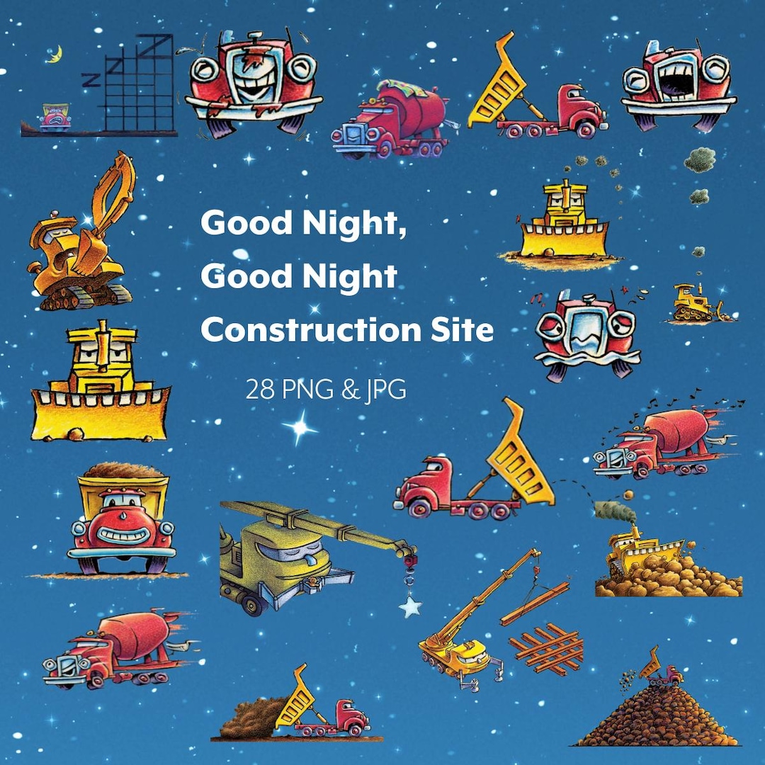 Construction Site Clipart, Bedtime Trucks PNG JPG, Kids Nursery Art ...