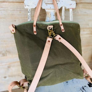 Waxed Canvas Convertible Backpack / Shoulder Bag / Veg Tan Leather ...