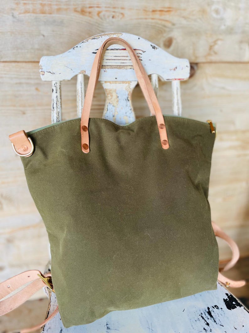 Waxed Canvas Convertible Backpack / Shoulder Bag / Veg Tan Leather ...