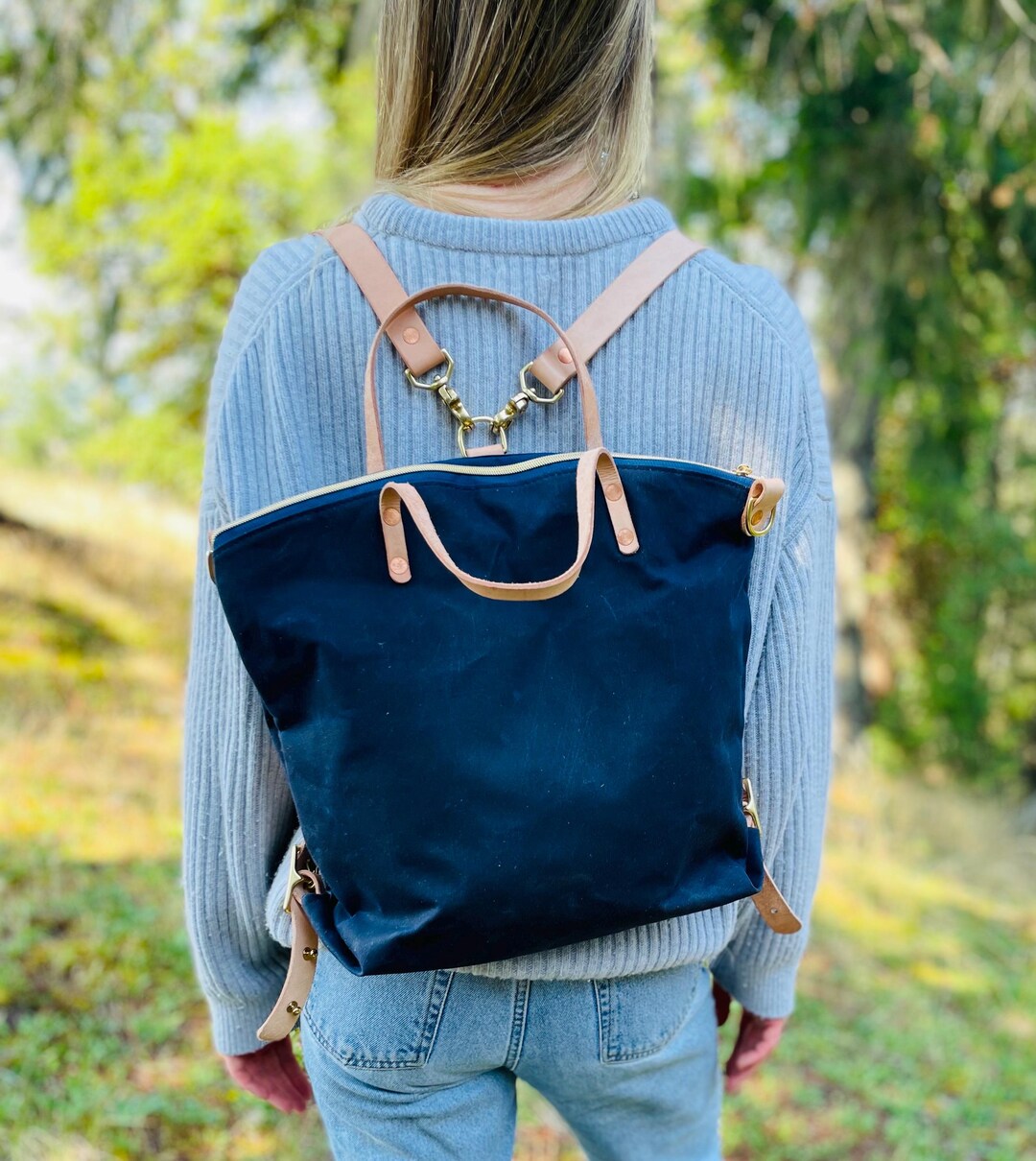 Waxed Canvas Convertible Backpack / Shoulder Bag / Veg Tan Leather ...