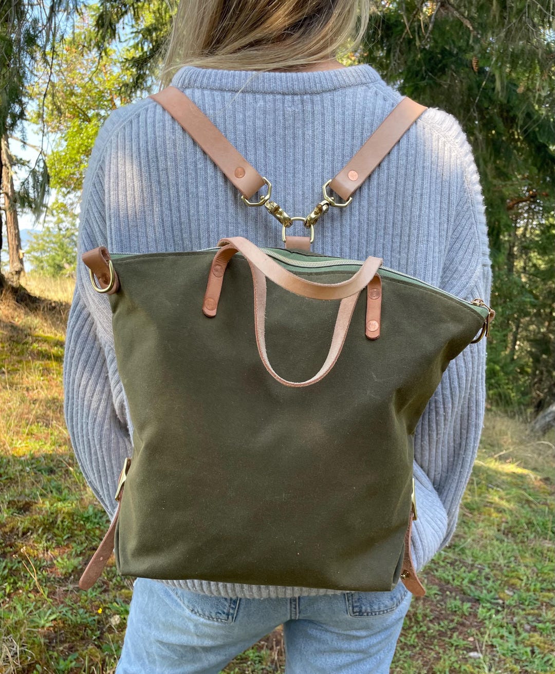 Waxed Canvas Convertible Backpack / Shoulder Bag / Veg Tan Leather ...