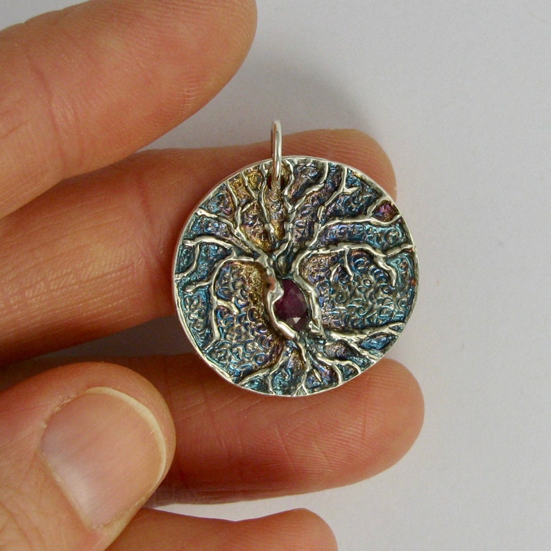 Tree of Life Fine Silver Pendant With Red Ruby Sapphire and Rainbow ...