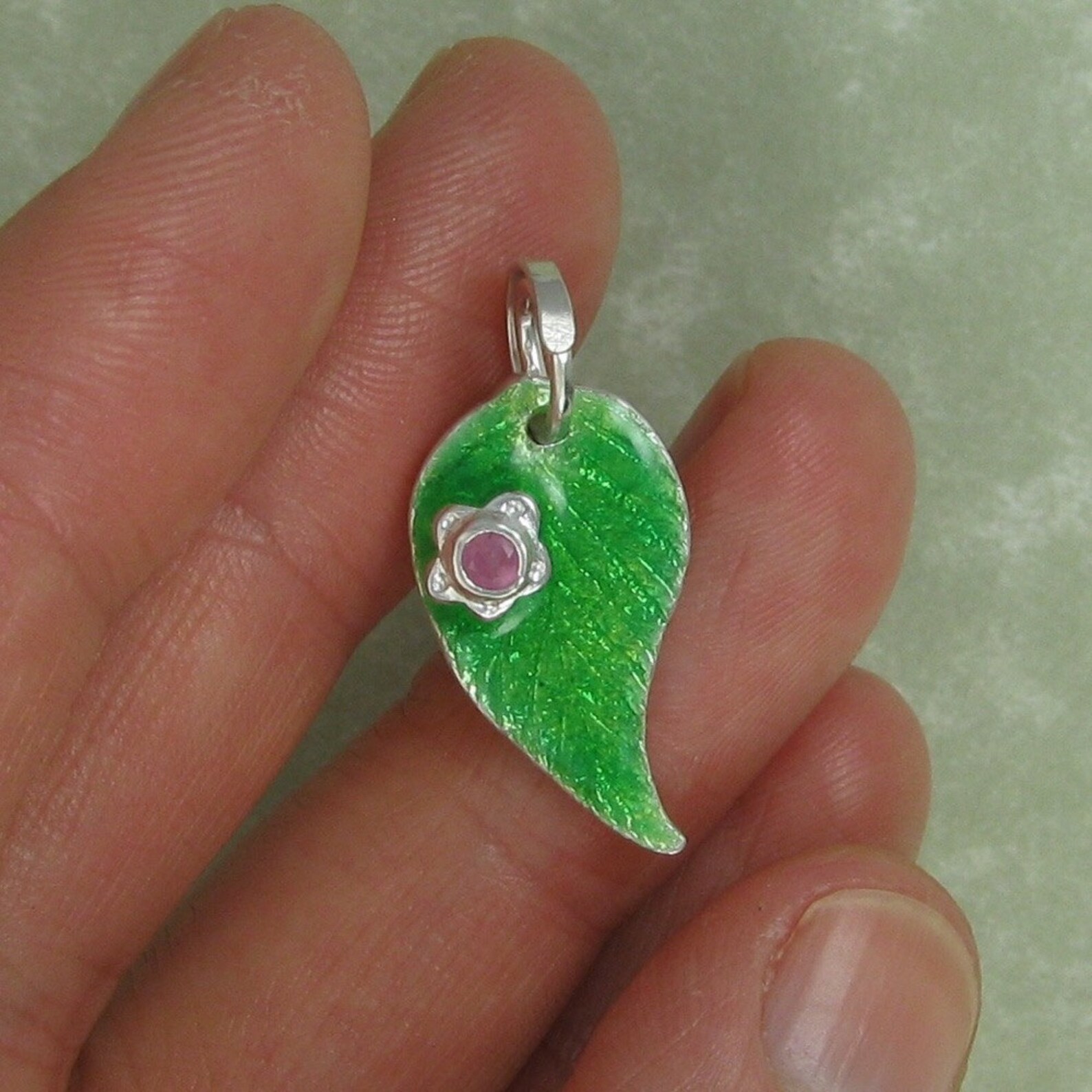 Fine Silver Enameled Raspberry Leaf With Pink Sapphire Flower Pendant ...