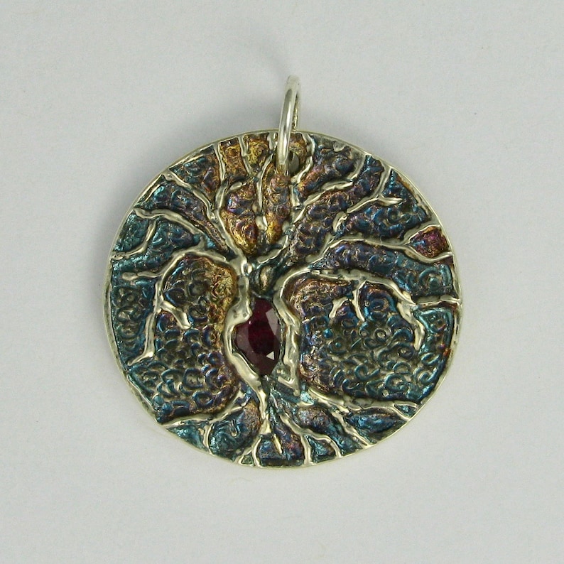 Tree of Life Fine Silver Pendant With Red Ruby Sapphire and Rainbow ...