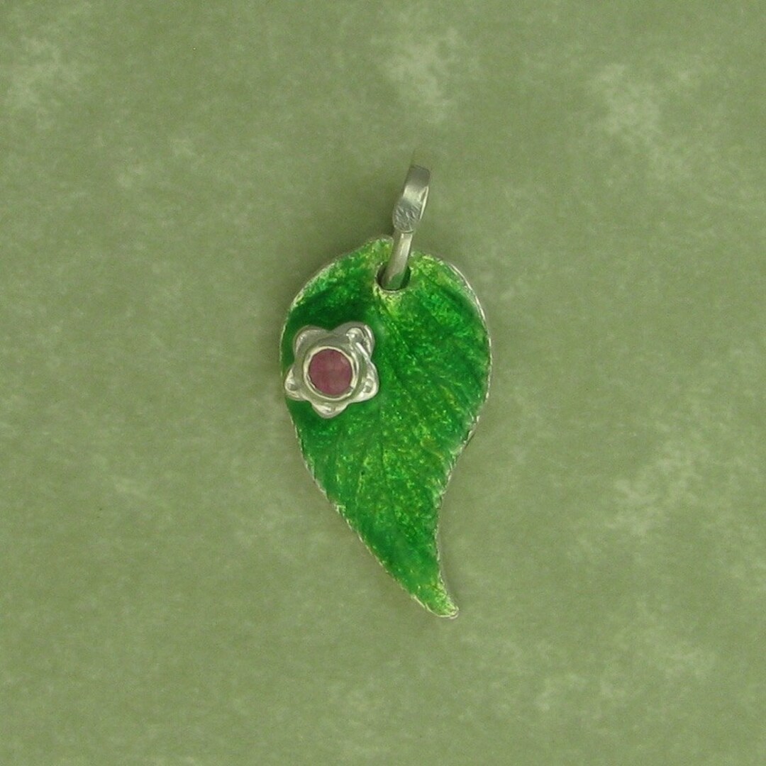 Fine Silver Enameled Raspberry Leaf With Pink Sapphire Flower Pendant ...