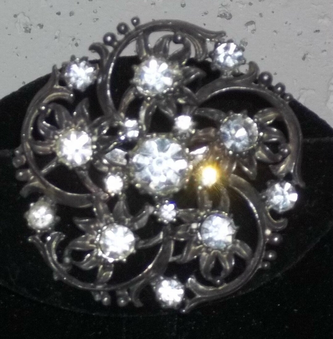 Vintage Coro Large Round Rhinestone Flower Brooch Antiqued Silver Tone ...