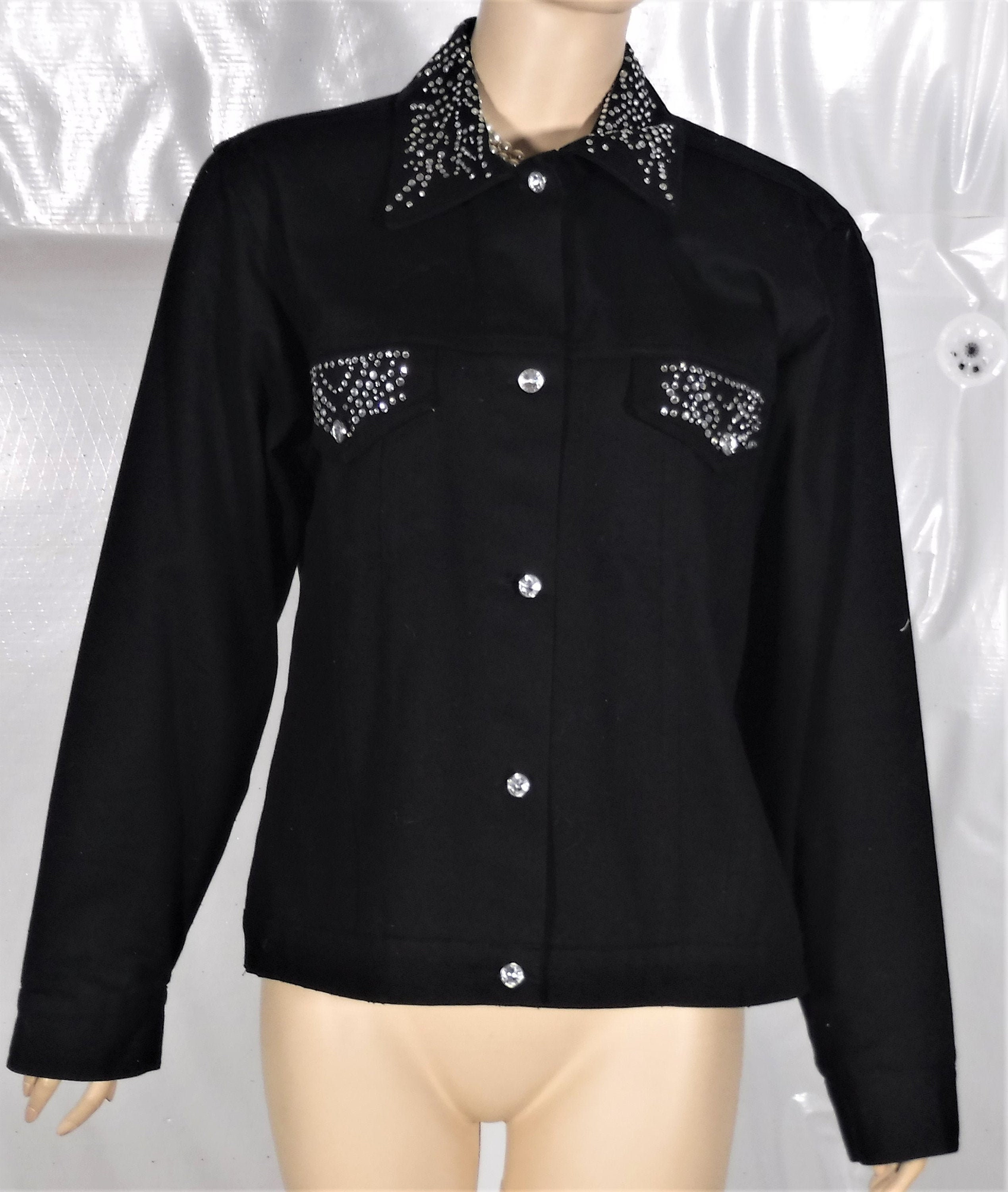 Vintage 1990's Deadstock NWT Black Denim Rhinestone Western Jacket Don ...