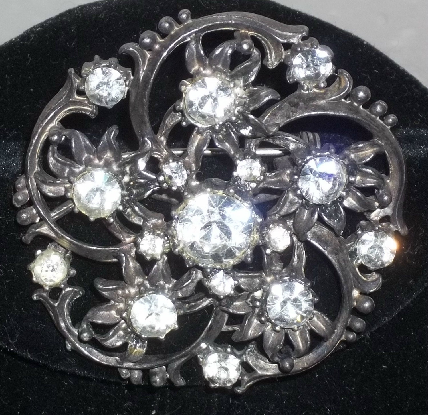 Vintage Coro Large Round Rhinestone Flower Brooch Antiqued Silver Tone ...
