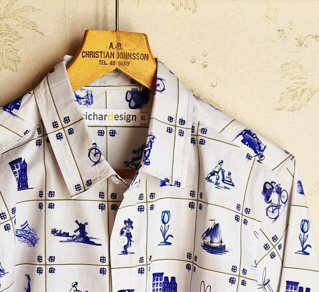 Button Front Long Sleeve Shirt With Delft Blue Tile Pattern - Etsy