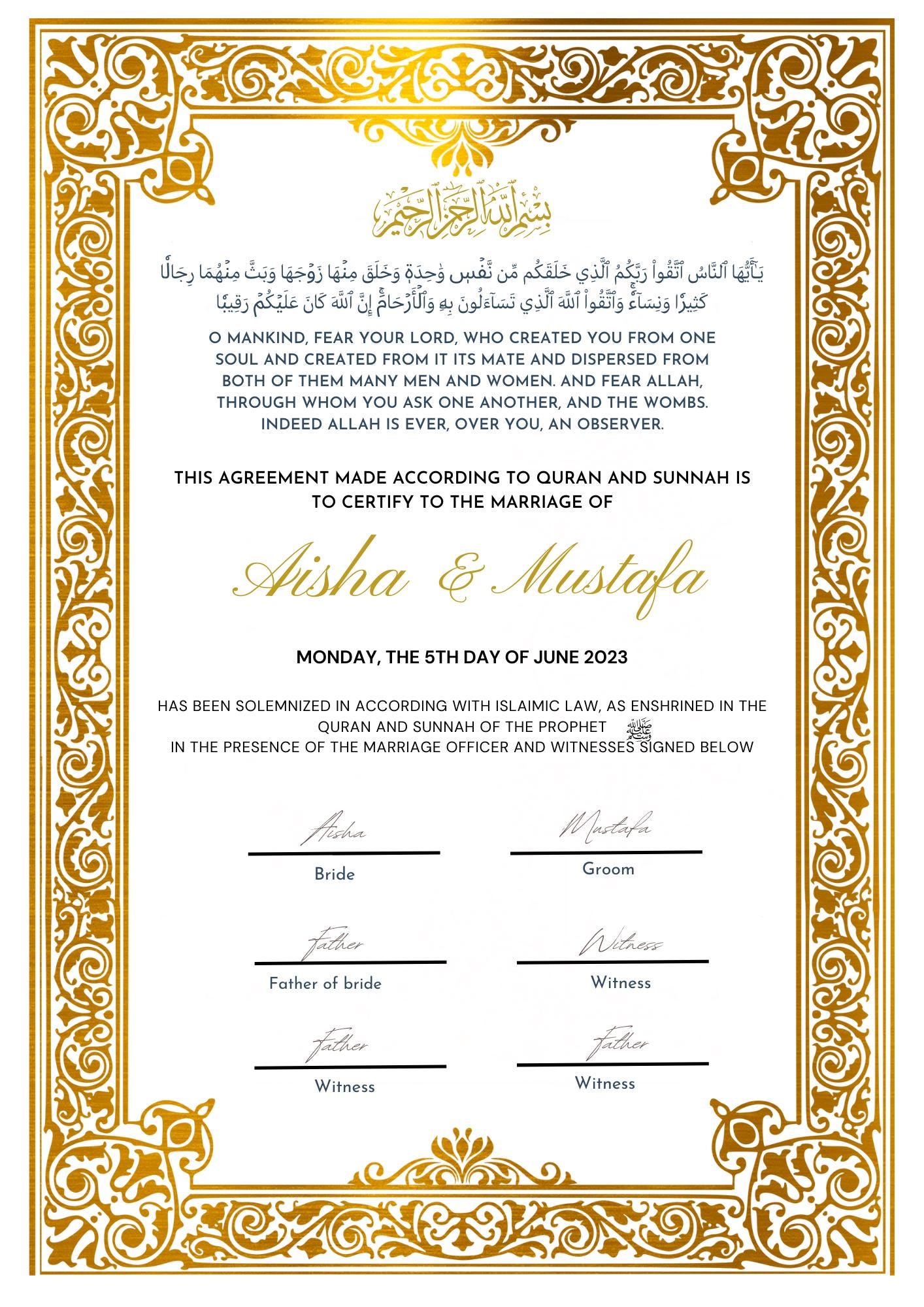 Customized Nikkah Contract, DIGITAL NIKAH NAMA, Personalized Muslim ...