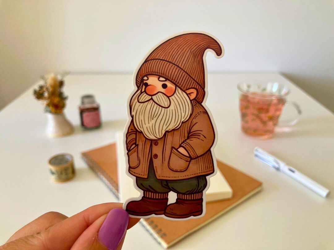 Garden Gnome Sticker – Cottagecore Vinyl Decal With Brown Hat for ...