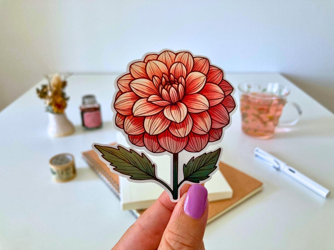 Dahlia Sticker, Pink Flower Sticker, Peach Flower Sticker, Gifts for ...