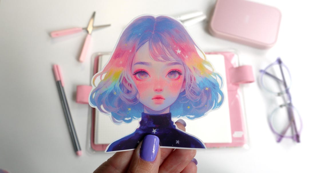 Cosmic Space Girl Sticker, Dreamy Starry Traveler Sticker, Rainbow Hair ...