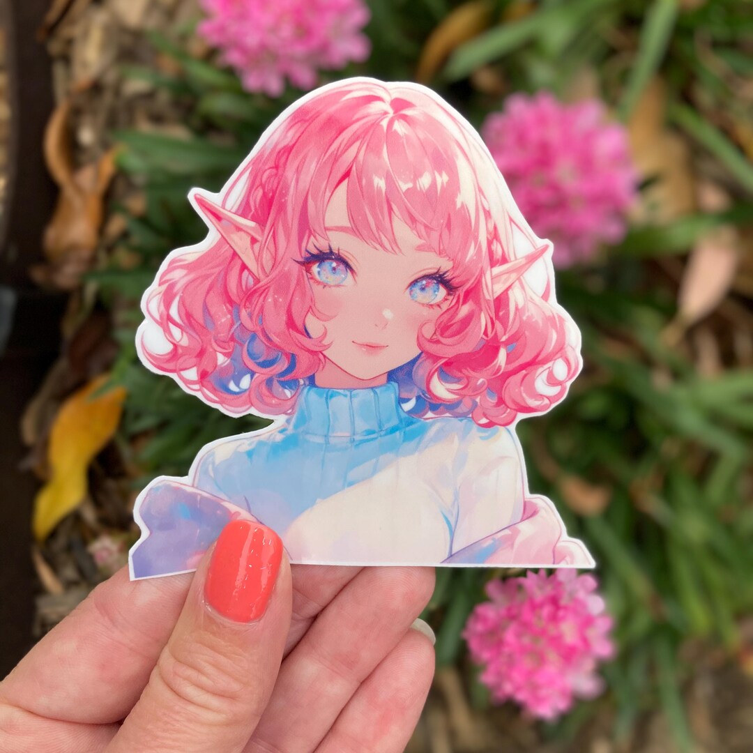 Adorably Cozy Pink-haired Elf Sticker - Fantasy Art Sticker - Etsy